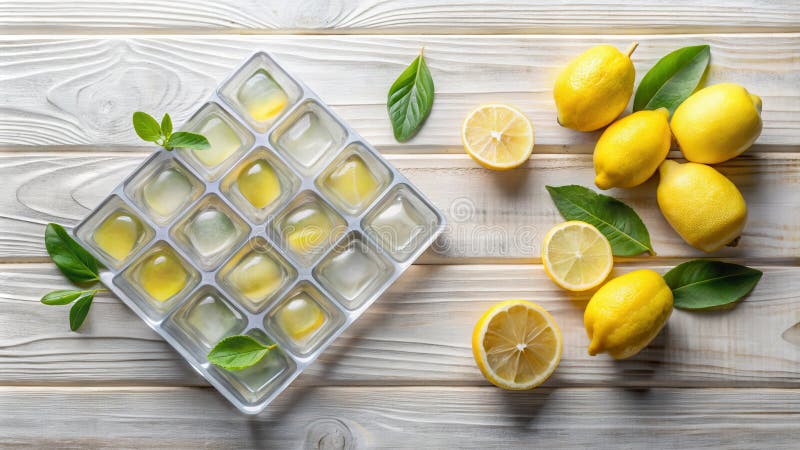 Refreshing Lemon Ice Cubes in Tray with Fresh Lemons and Leaves ...