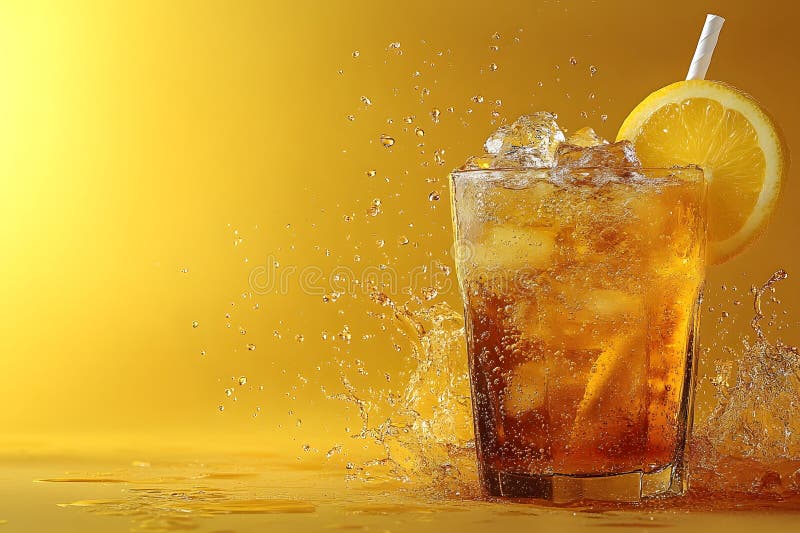 Refreshing Lemon Iced Tea Splash with Ice and Citrus Slice on Yellow ...