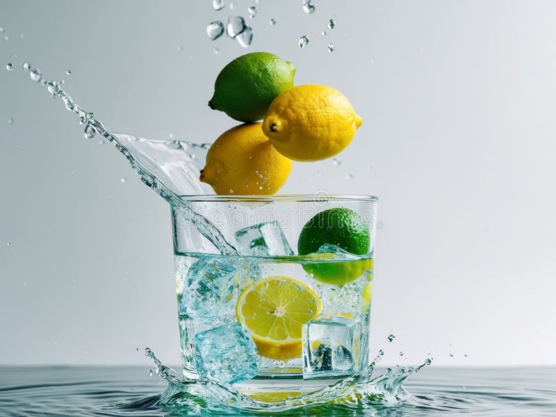 Refreshing Lemon and Lime Drink with Ice Cubes and Splash of Water ...