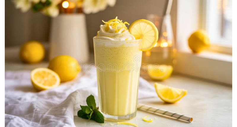 Refreshing Lemon Milkshake with Whipped Cream and Citrus Garnish in ...