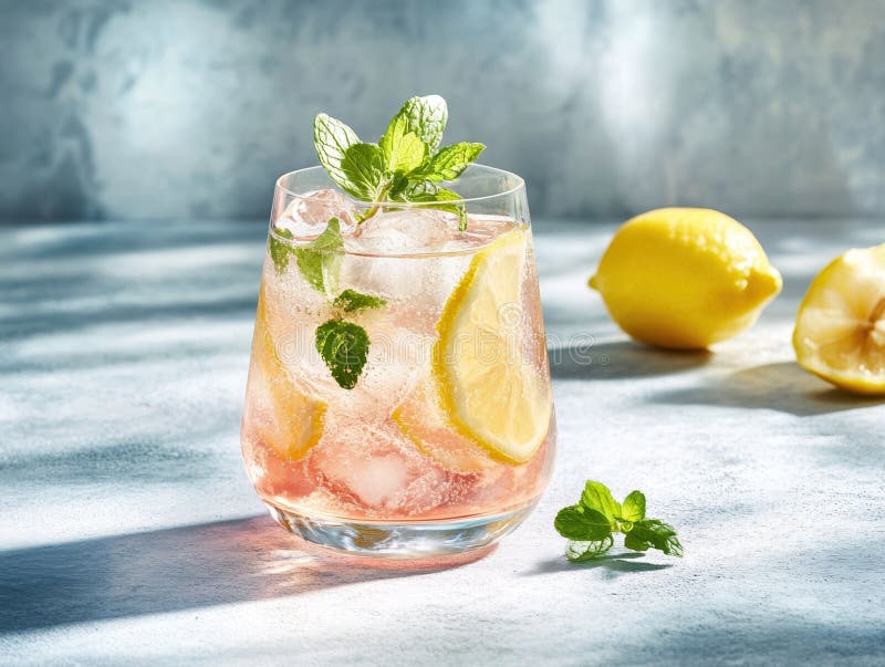 Refreshing Lemon and Mint Infused Drink in Elegant Glass on Sunny Table ...