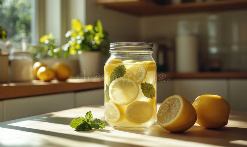 Refreshing Lemon Mint Infusion in Glass Jar with Fresh Lemons and Mint ...