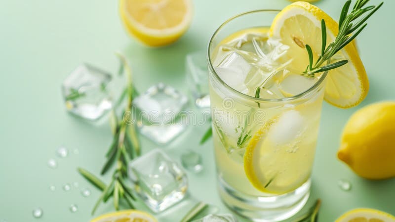 Refreshing Lemon Slices and Mint Leaves with Ice Cubes on Wet Blue ...