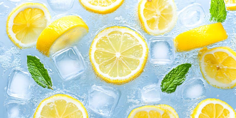 Refreshing Lemon Slices with Mint and Ice Cubes in Sparkling Water ...