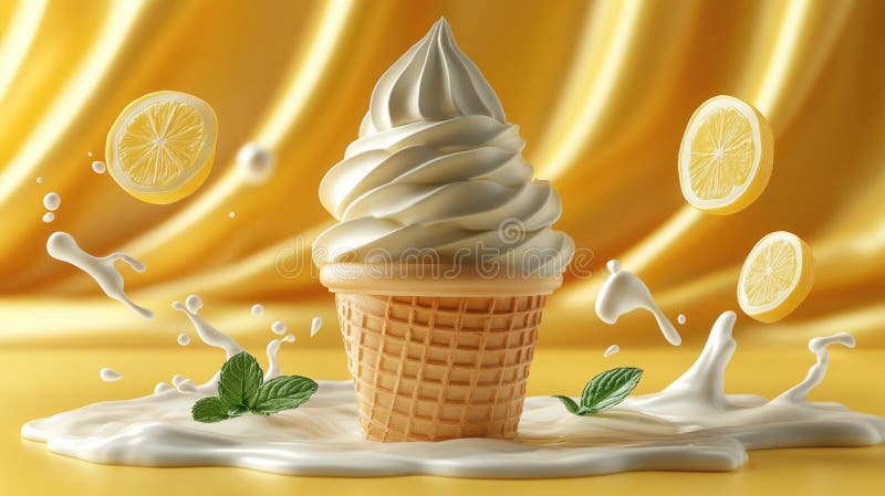 Refreshing Lemon Soft Serve Ice Cream Cone with Milk Splash and Mint on ...