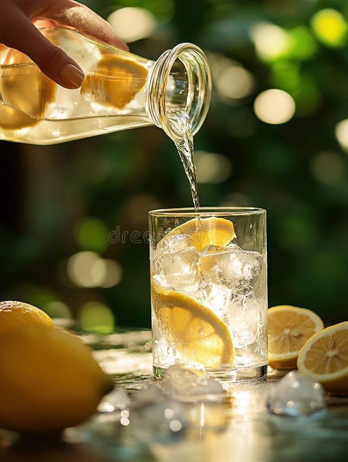 Refreshing Lemon Water Pouring into Glass with Ice on Sunny Day Stock ...