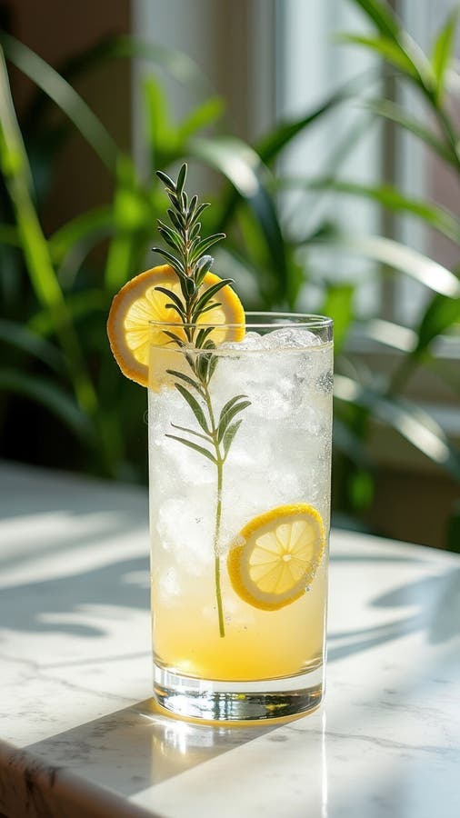 Refreshing Lemonade Cocktail with Ice and Rosemary on Marble Surface ...