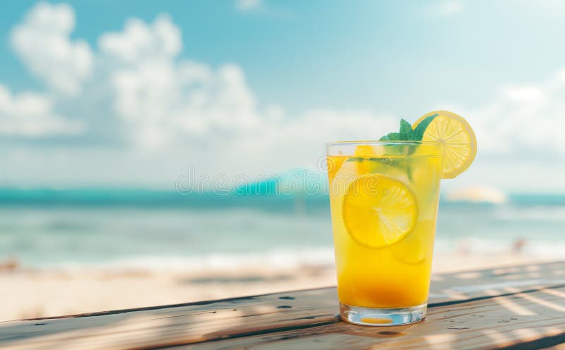 Refreshing Lemonade or Cocktail on a Wooden Table at a Sunny Beach ...