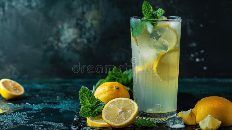 Refreshing Lemonade with Ice and Mint on a Dark Background Stock ...