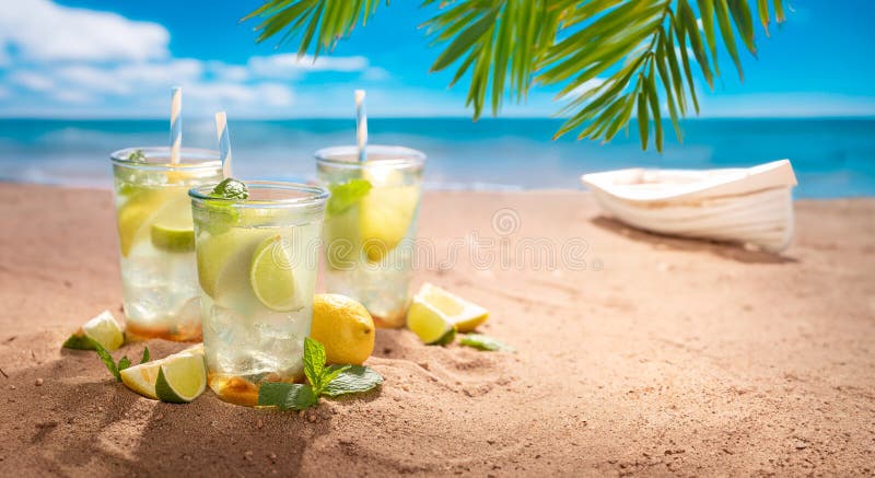 Refreshing Lemonade with Ice on Sandy Beach Stock Photo - Image of ...