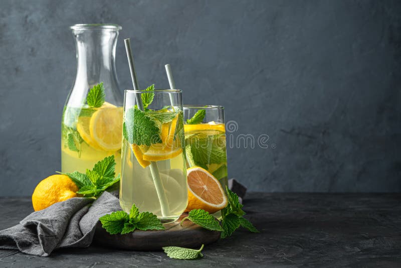 Refreshing Lemonade with Mint on a Dark Background. Side View, Copy ...