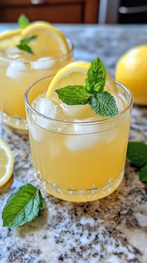 Refreshing Lemonade with Mint and Ice on Marble Surface. Whiskey ...