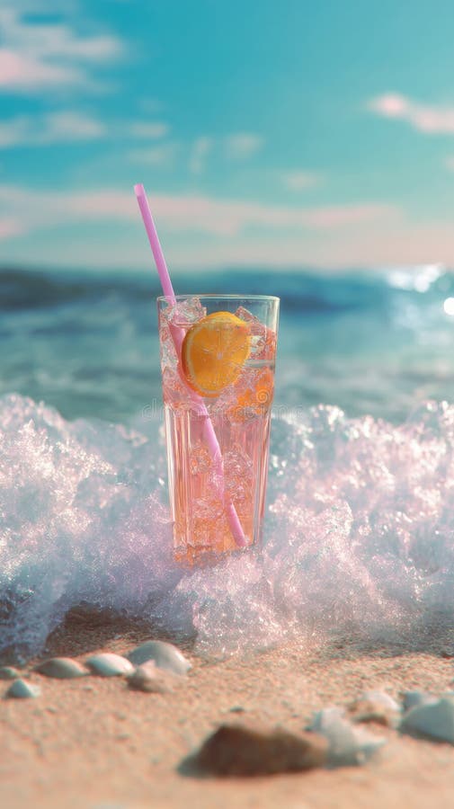 Refreshing Lemonade with Pink Straw on Beach in Ocean Surf Waves Stock ...