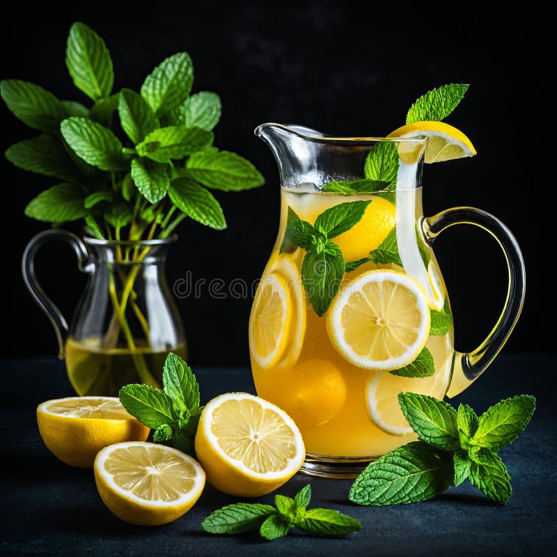 Refreshing Lemonade Pitcher with Mint Leaves and Sliced Lemons Stock ...