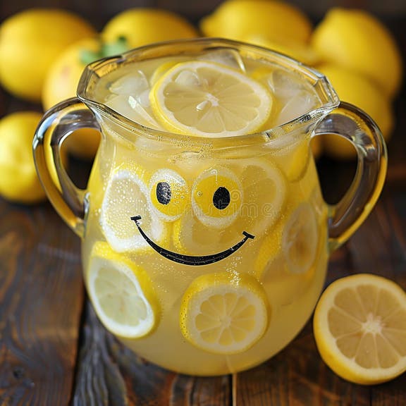 Refreshing Lemonade in a Smiley-face Pitcher with Lemons and Ice Stock ...