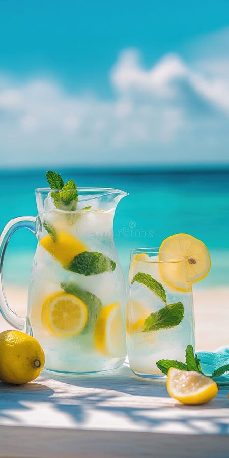 Refreshing Lemonade in Tall Glass Pitcher by the Beach on a Sunny Day ...