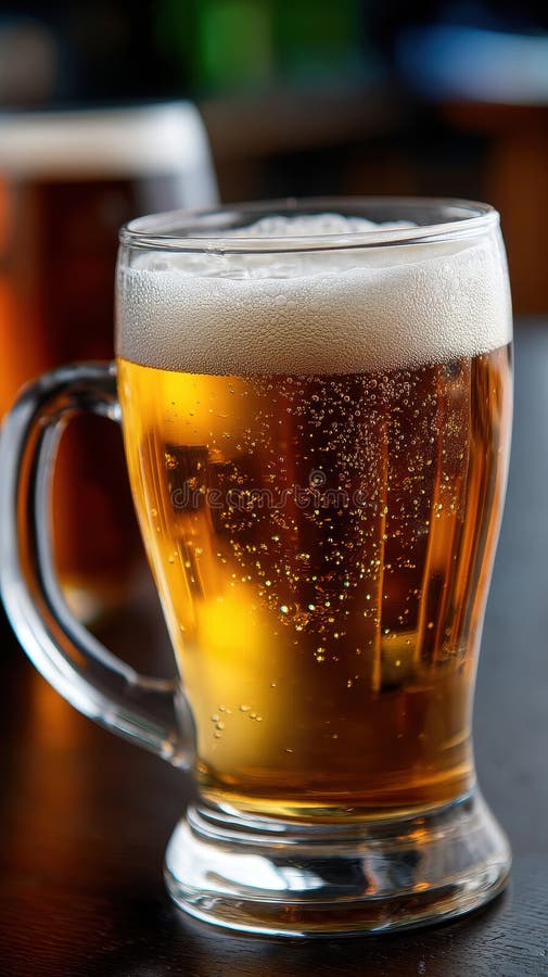 Refreshing Light Beer in a Glass Mug with Bubbles and Foam at a Bar ...
