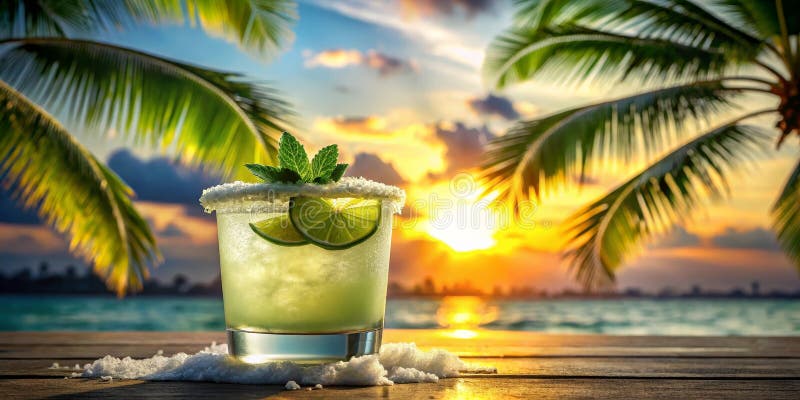 Refreshing Lime Cocktail at Sunset on Tropical Beach. Generative AI ...