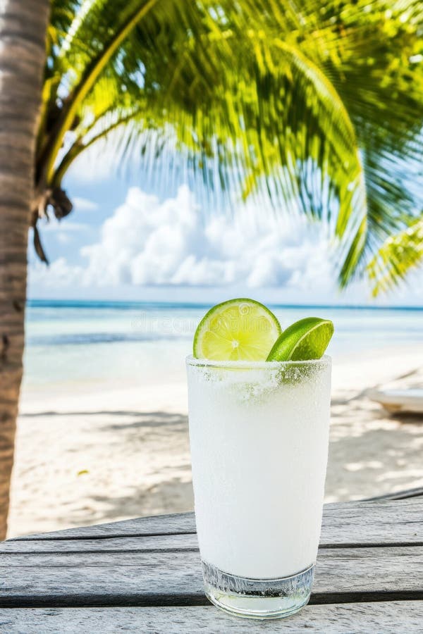 Refreshing Lime Granita on Tropical Beach with Palm Tree and Ocean View ...