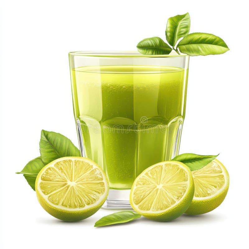 Refreshing Lime Juice in Glass with Limes and Leaves, Isolated on a ...