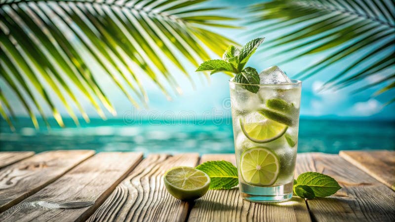 Refreshing Lime Mint Beverage on Wooden Deck Overlooking Ocean ...