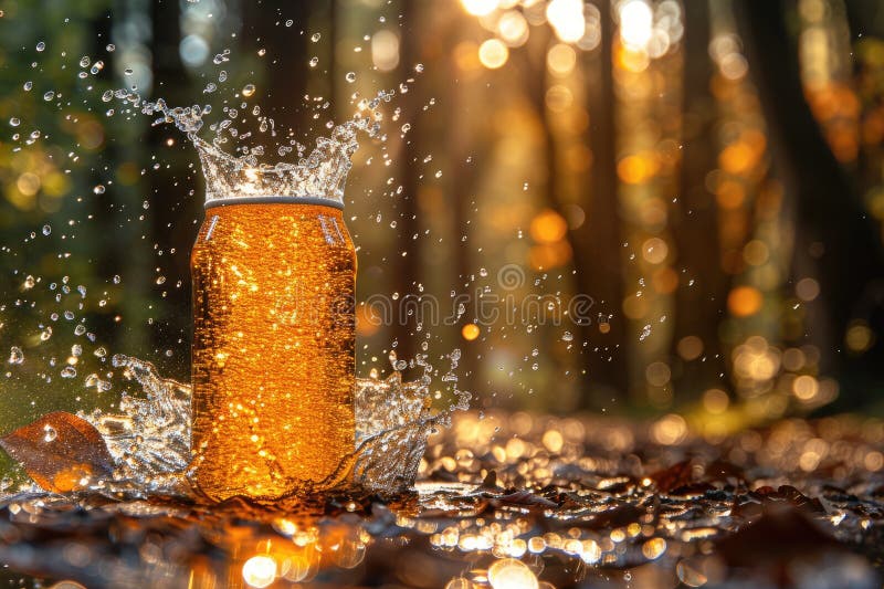 Golden Beer Can Splashing in Autumn Forest Stock Illustration ...
