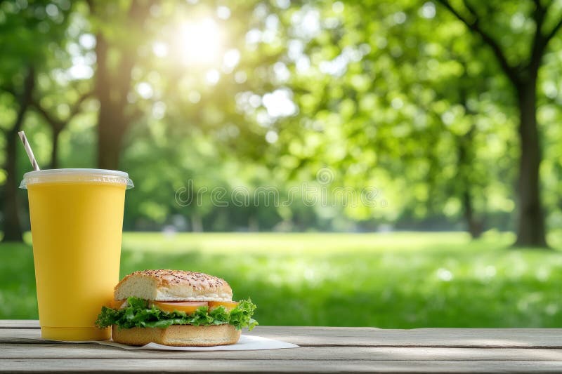 Refreshing Lunch Break Scene Featuring Sandwich and Drink in Park Stock ...