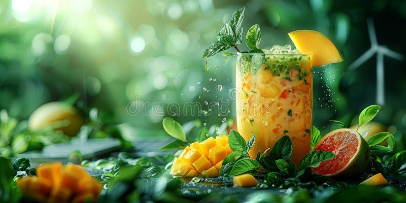 Refreshing Mango Cocktail Garnished with a Slice of Mango and Basil ...