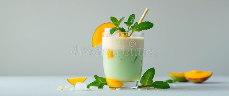 Refreshing Mango Coconut Water Smoothie with Mint and Toppings. Stock ...