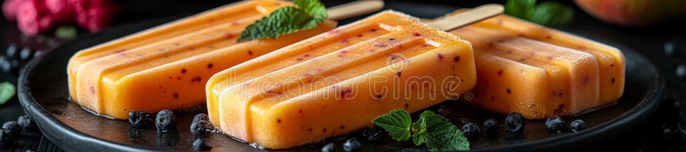 Refreshing Mango and Fruit Ice Pops on a Dark Plate Surrounded by ...