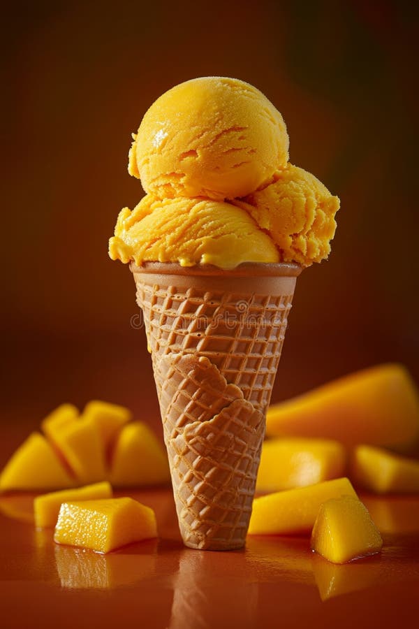 Refreshing Mango Ice Cream Scoops in Waffle Cone, with Fresh Mango ...