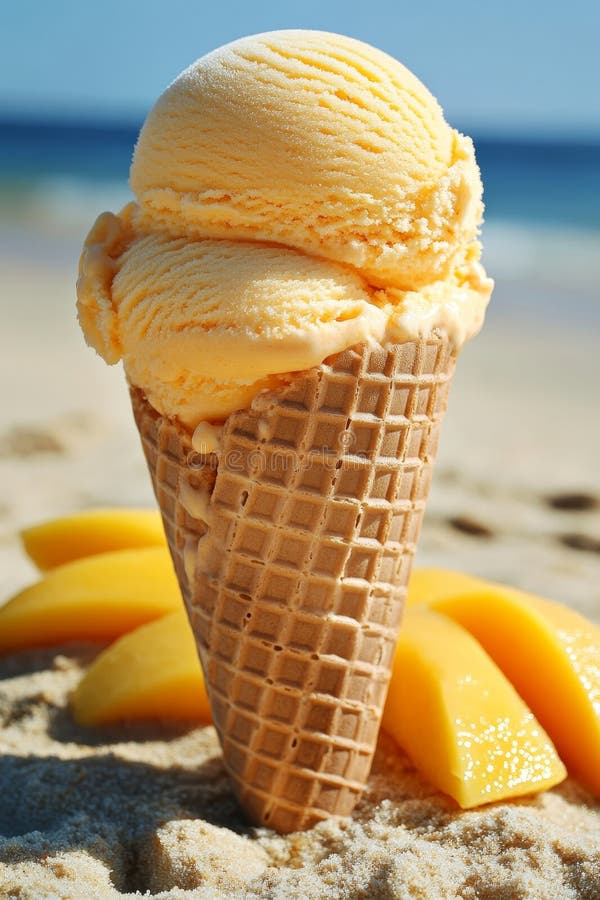 Refreshing Mango Ice Cream Treat in Waffle Cone on Tropical Beach with ...