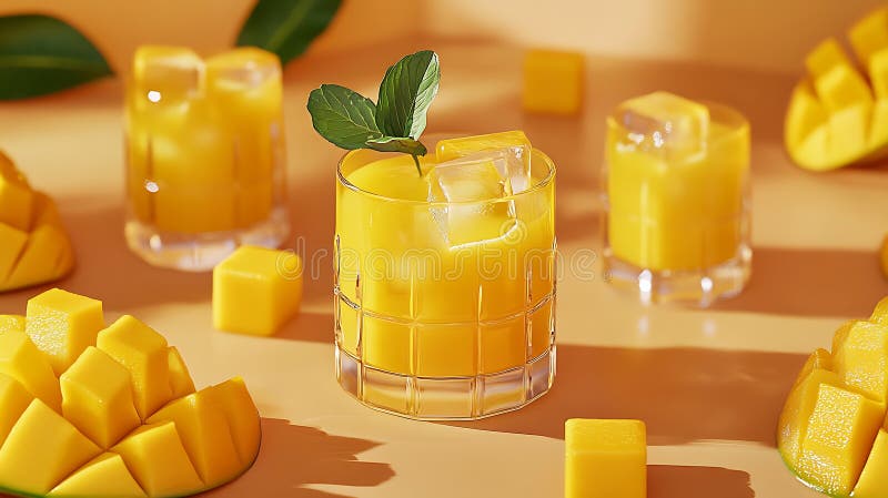 Refreshing Mango Juice with Ice Cubes and Garnish Stock Illustration ...