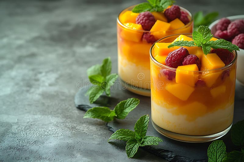 Refreshing Mango and Raspberry Dessert in Glass with Mint Leaves on ...