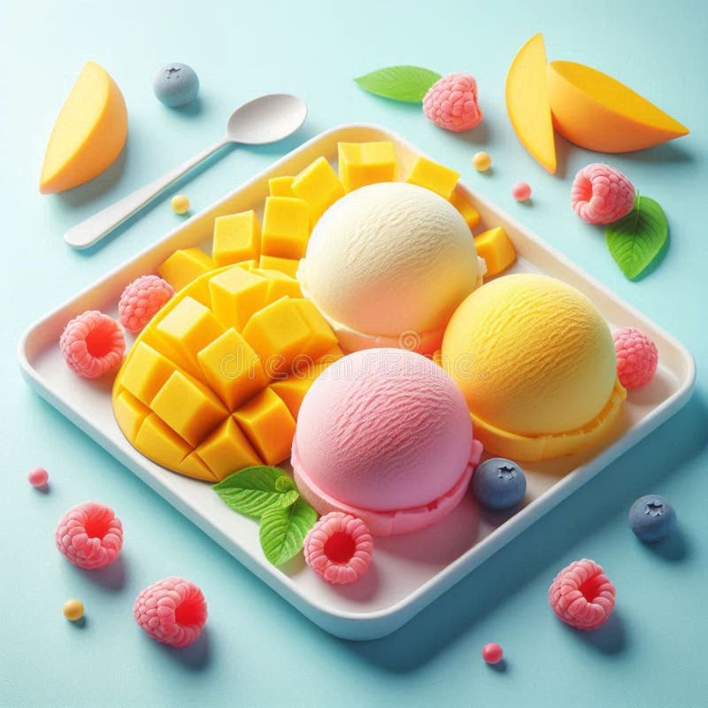 Refreshing Mango and Raspberry Ice Cream Dessert on Pastel Blue ...