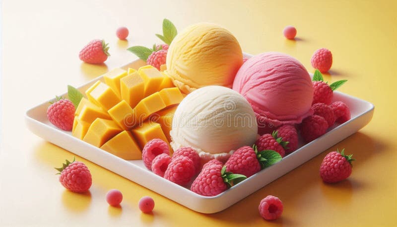 Refreshing Mango and Raspberry Ice Cream Dessert on Yellow Background ...
