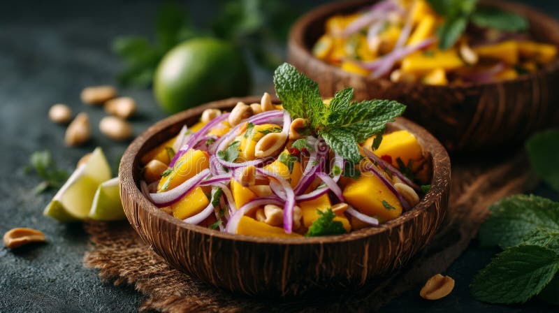 Refreshing Mango Salad with Red Onion and Peanuts Stock Illustration ...