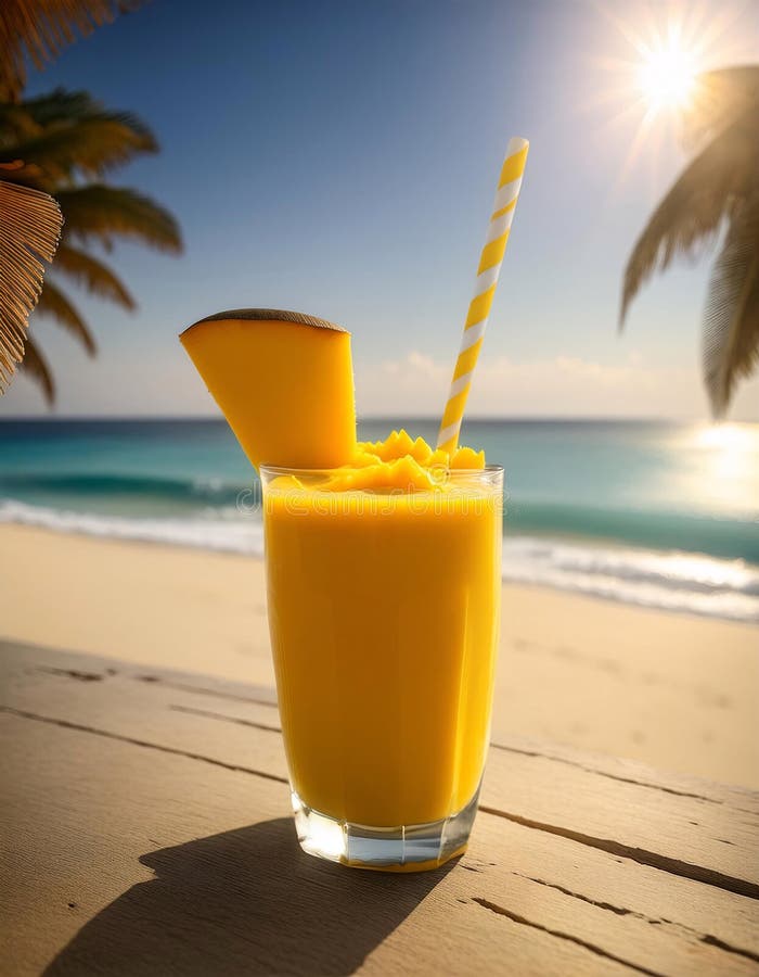 A Refreshing Mango Smoothie on a Beachside Table with a Palm Tree and ...