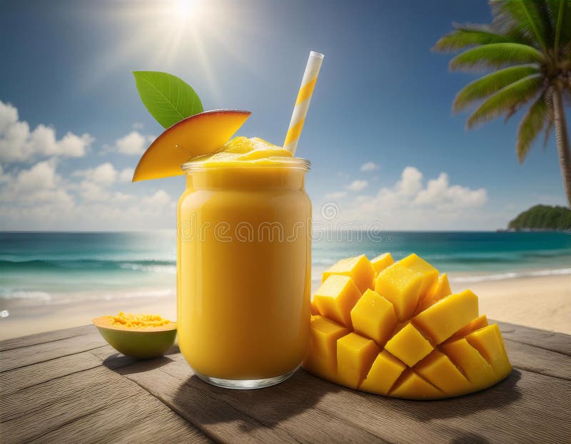 A Refreshing Mango Smoothie on a Beachside Table with a Palm Tree and ...