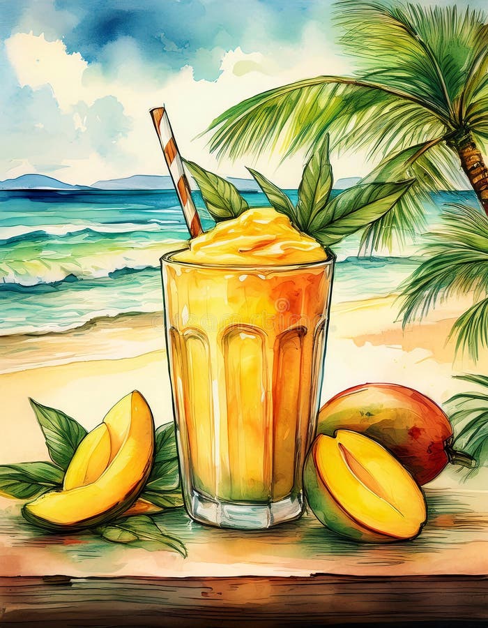 A Refreshing Mango Smoothie on a Beachside Table with a Palm Tree and ...