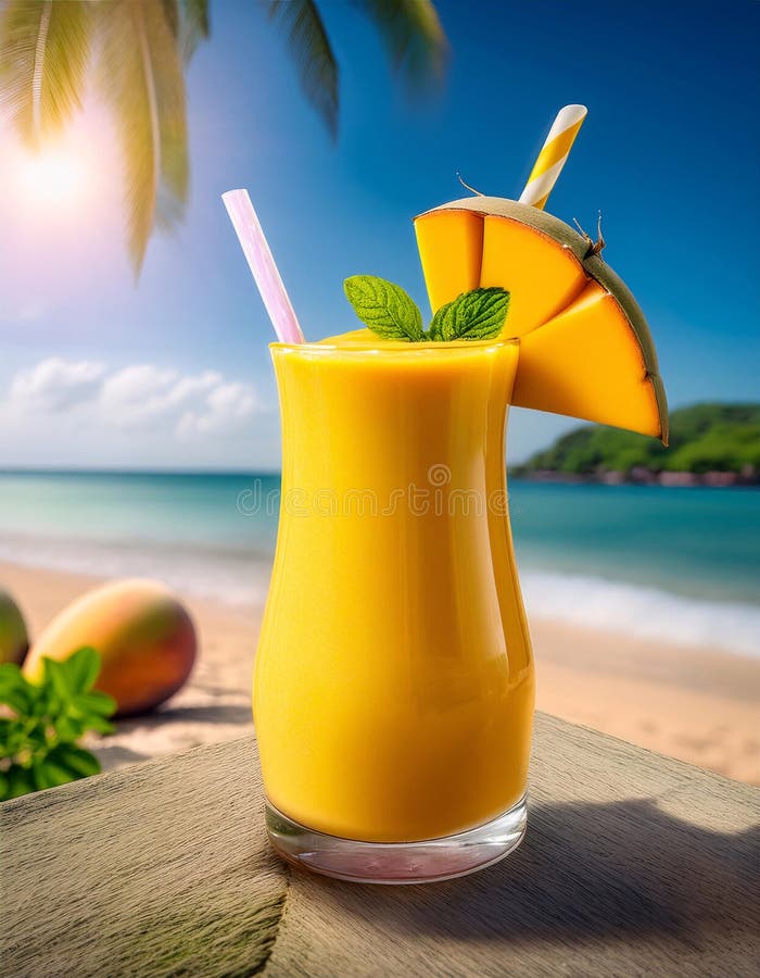 A Refreshing Mango Smoothie on a Beachside Table with a Palm Tree and ...