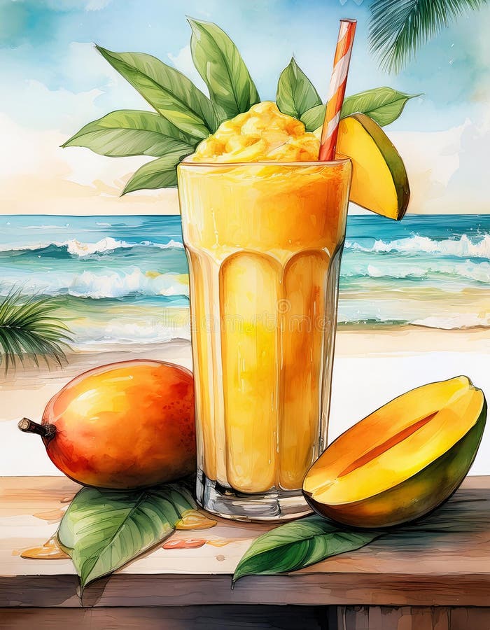 A Refreshing Mango Smoothie on a Beachside Table with a Palm Tree and ...