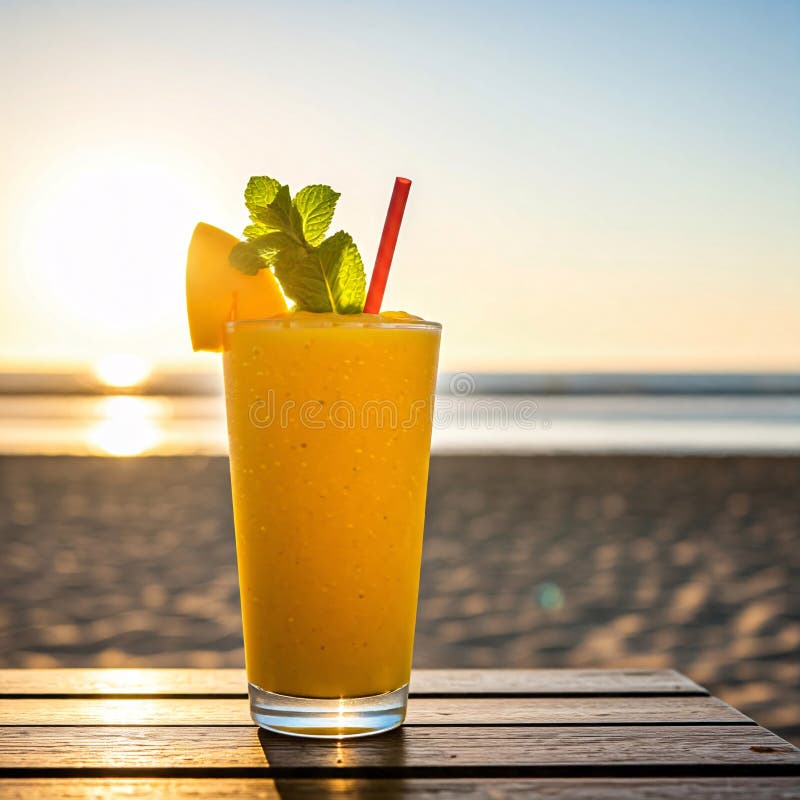 A Refreshing Mango Smoothie with a Slice of Mango and Mint Garnish, Set ...