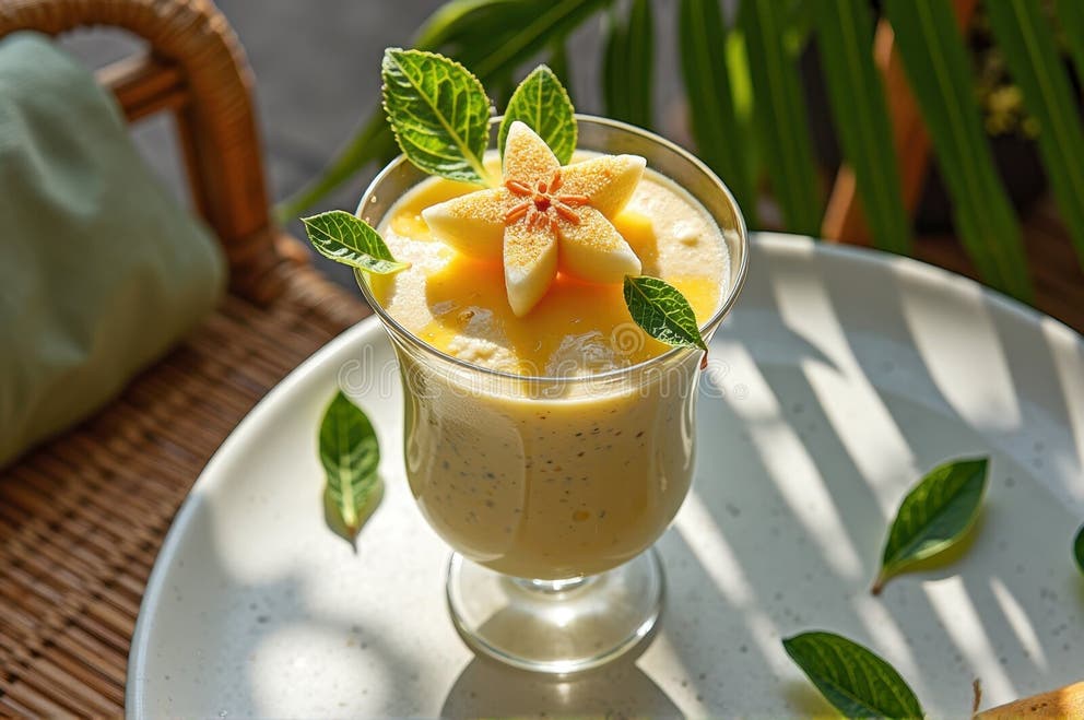 Refreshing Mango Smoothie with Starfruit Garnish on a Sunny Table Stock ...