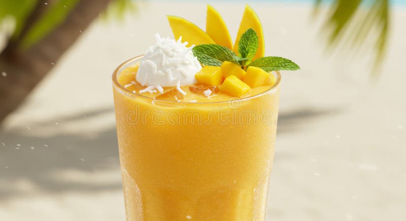 Refreshing Mango Smoothie on Tropical Beach Stock Illustration - Illustration of creamy ...