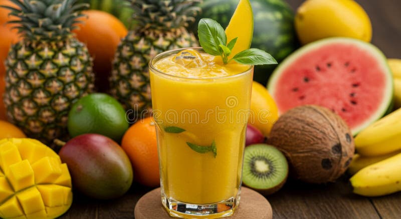 Refreshing Mango Smoothie with Tropical Fruits Stock Illustration ...
