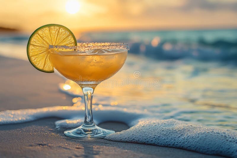 Refreshing Margarita Cocktail on a Sandy Beach with Ocean Waves during a Vibrant Sunset Stock ...