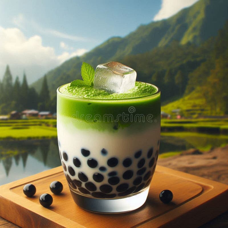 Refreshing Matcha Boba Tea with Scenic Background. Stock Illustration ...