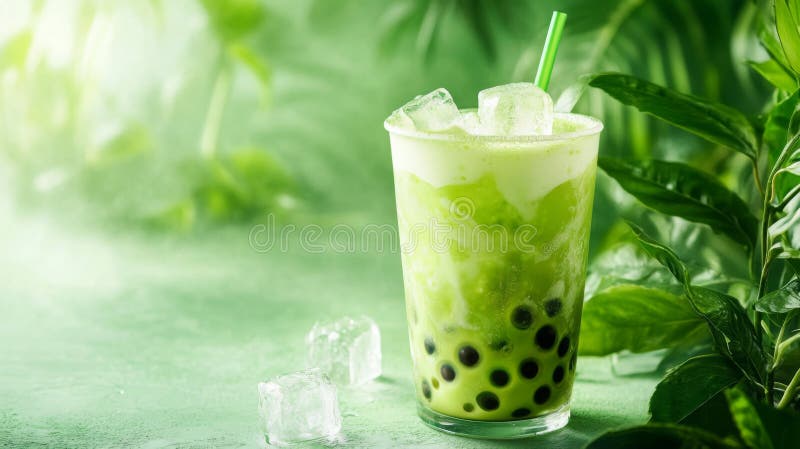 Refreshing Matcha Bubble Tea with Ice Cubes Stock Illustration - Illustration of food, matcha ...