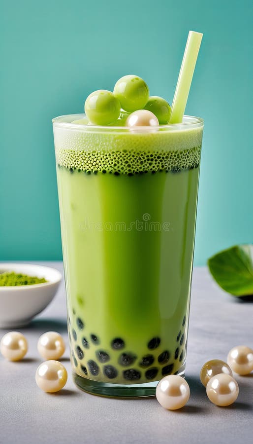 Refreshing Matcha Bubble Tea with Tapioca Pearls and Straw Stock Image ...
